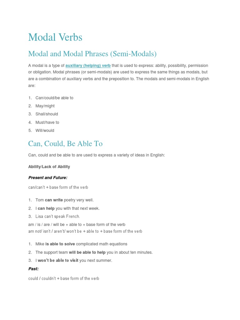 Modal Verbs: Modal and Modal Phrases (Semi-Modals) | PDF | Onomastics ...