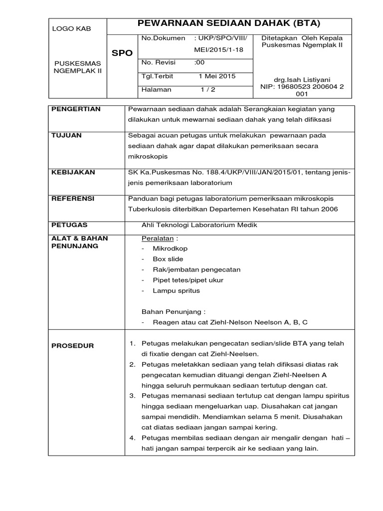 SPO Pewarnaan BTA S | PDF