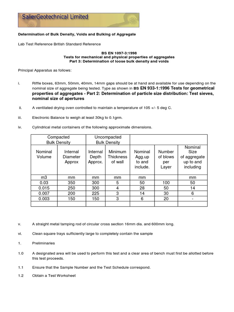 Bulk Density and Voids BS en 1097-3 1997 | Density | Physics