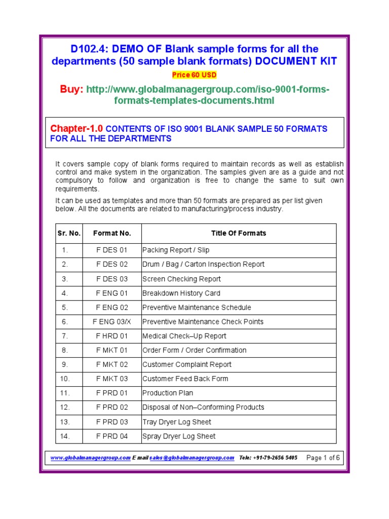 ISO 9001 Blank Sample Forms Kit | PDF