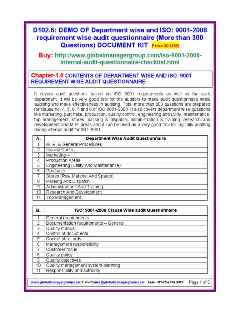 ISO 9001 2008 Audit Questionnaire Checklist | PDF | Iso 9000 | Quality ...