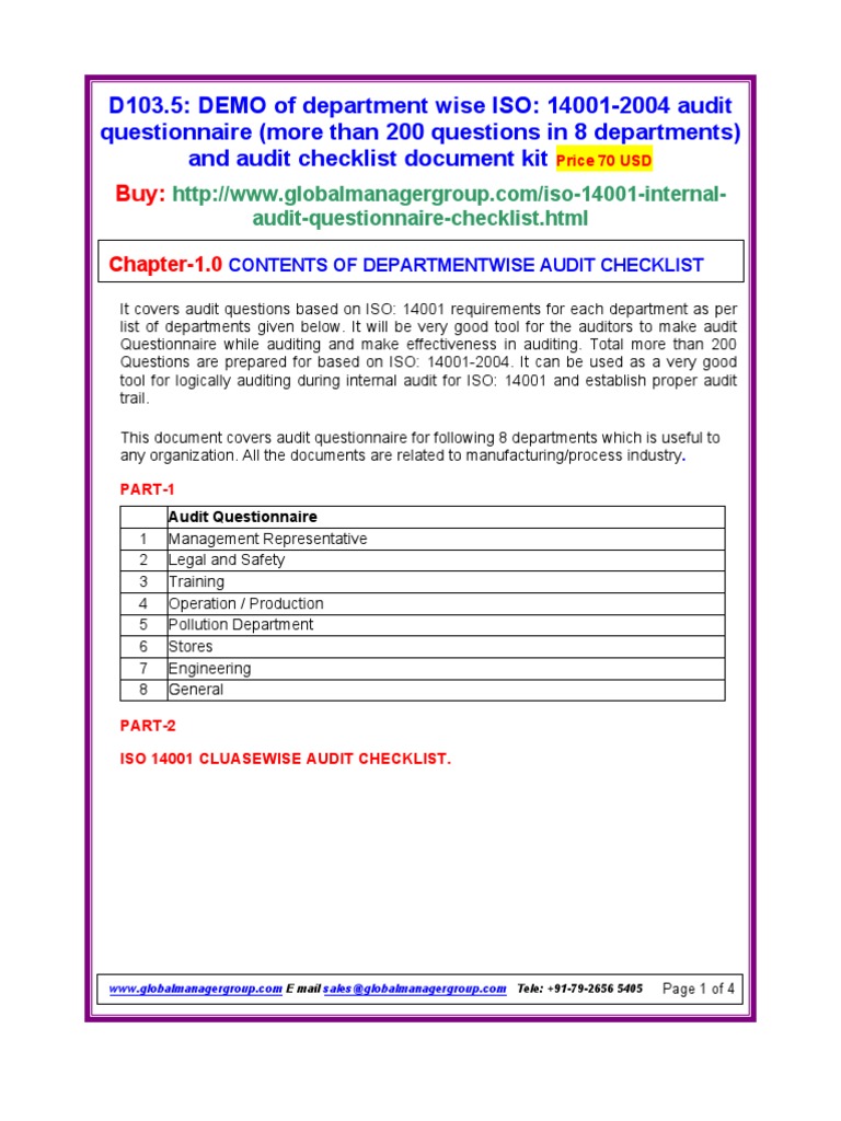 ISO 14001 Audit Questionnaire Checklist | PDF | Question | Integrity
