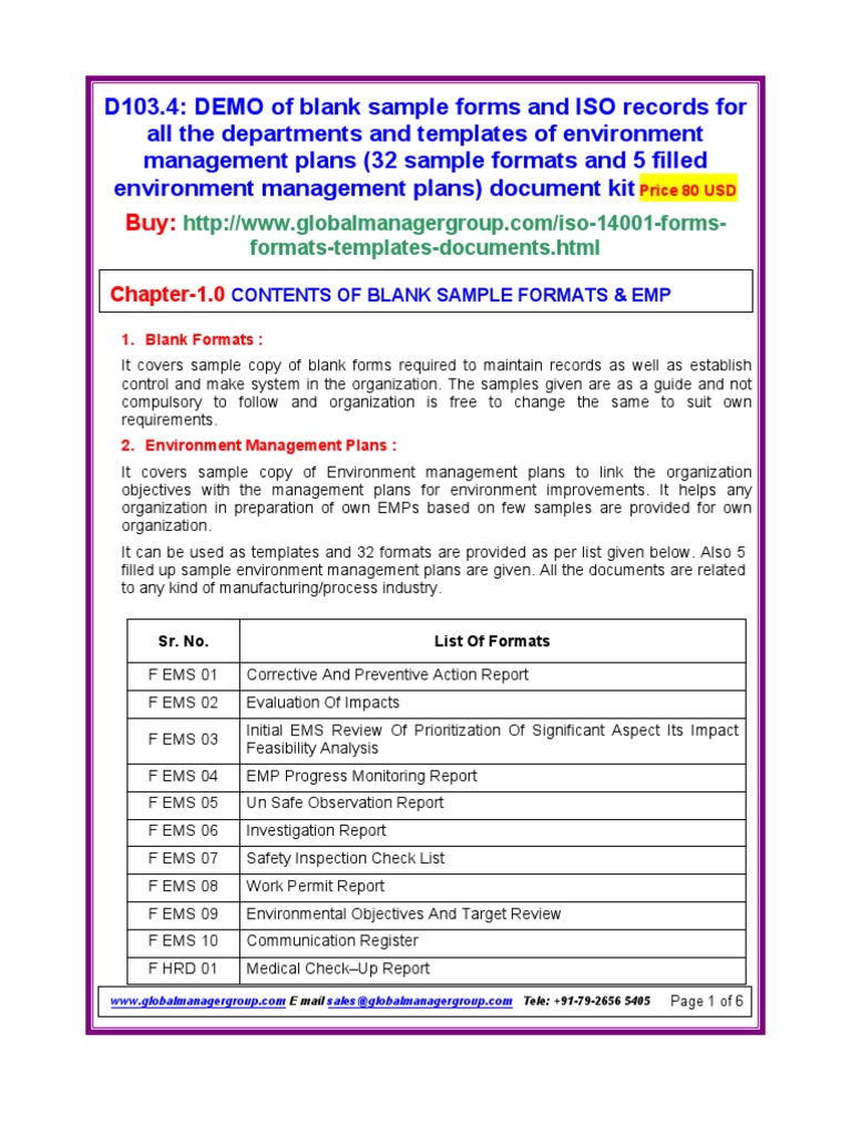 ISO 14001 Sample Templates Formats | PDF | International Organization ...