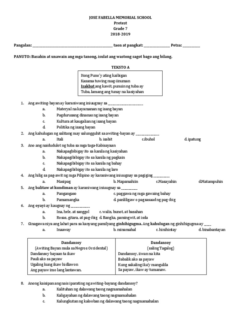 Grade 7 Pretest 2nd Grading | PDF