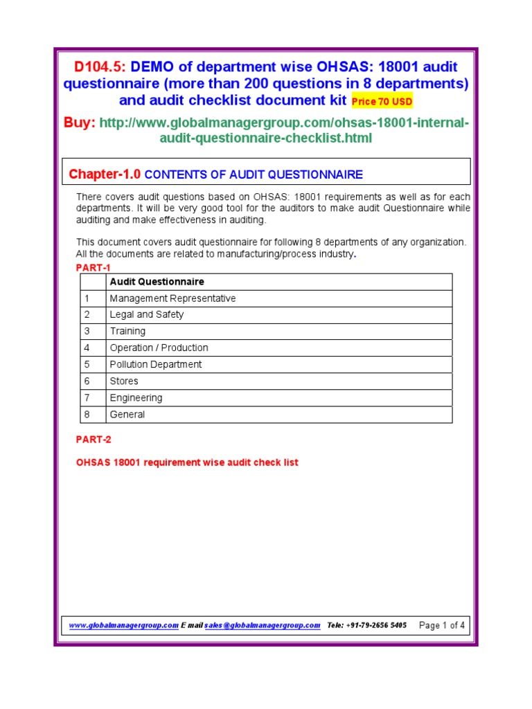 OHSAS Audit Questionnaire Checklist | Audit | International ...