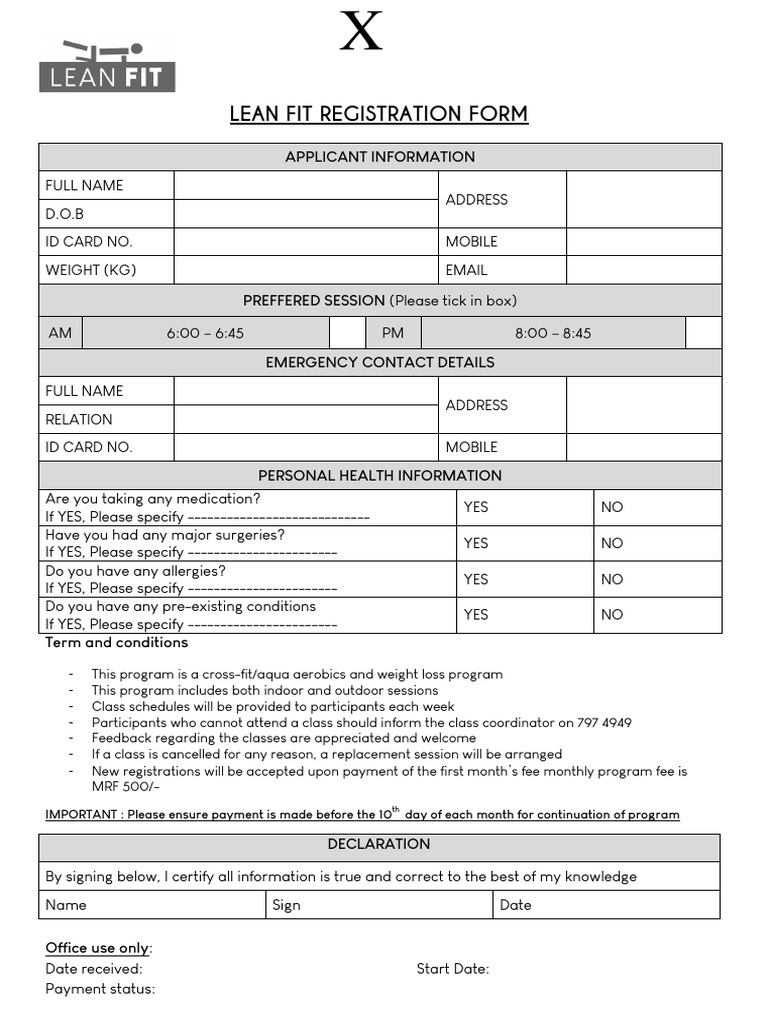 Lean Fit Registration Form: Applicant Information | PDF | Health Care ...