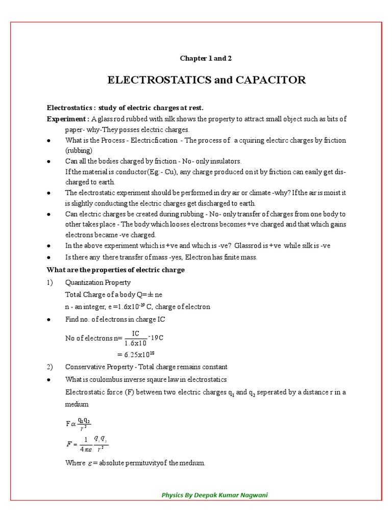 12 Physics Revision Notes Chapter 1 2 | PDF | Dielectric | Capacitor