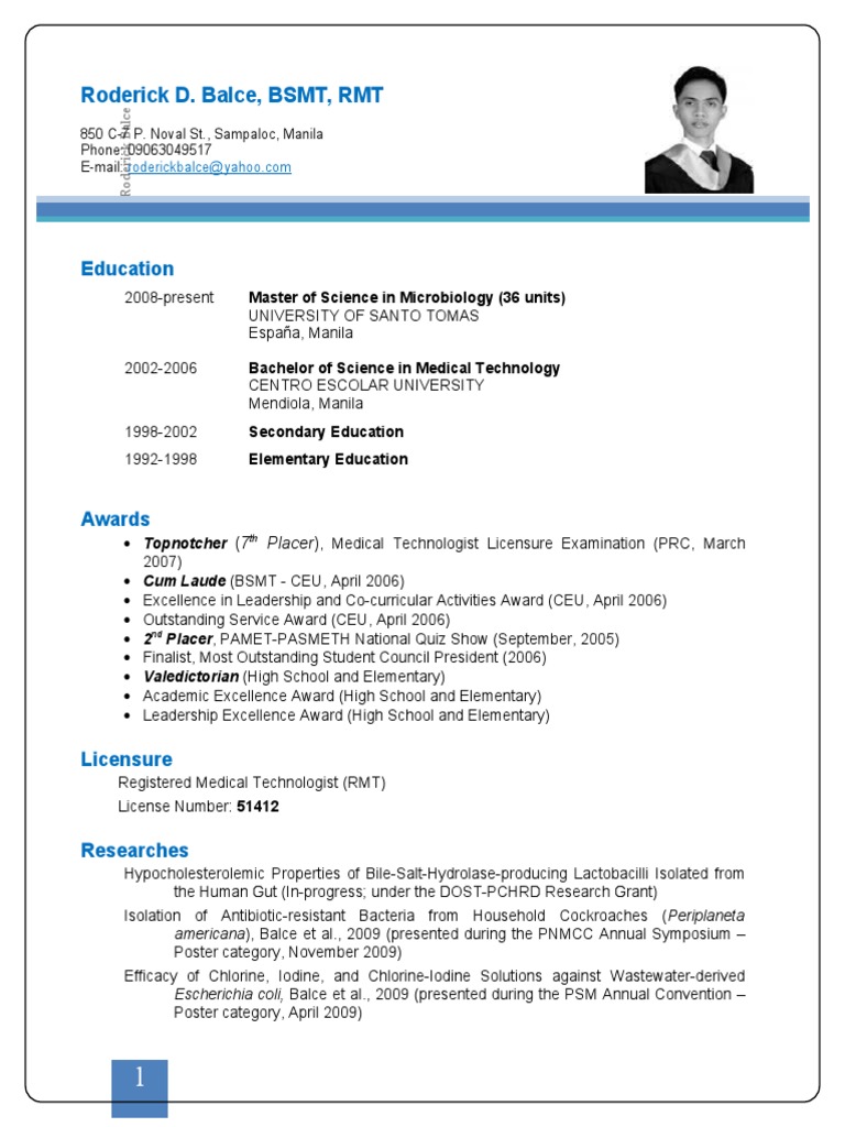 Roderick D. Balce, BSMT, RMT: Education | PDF | Manila | Organisms