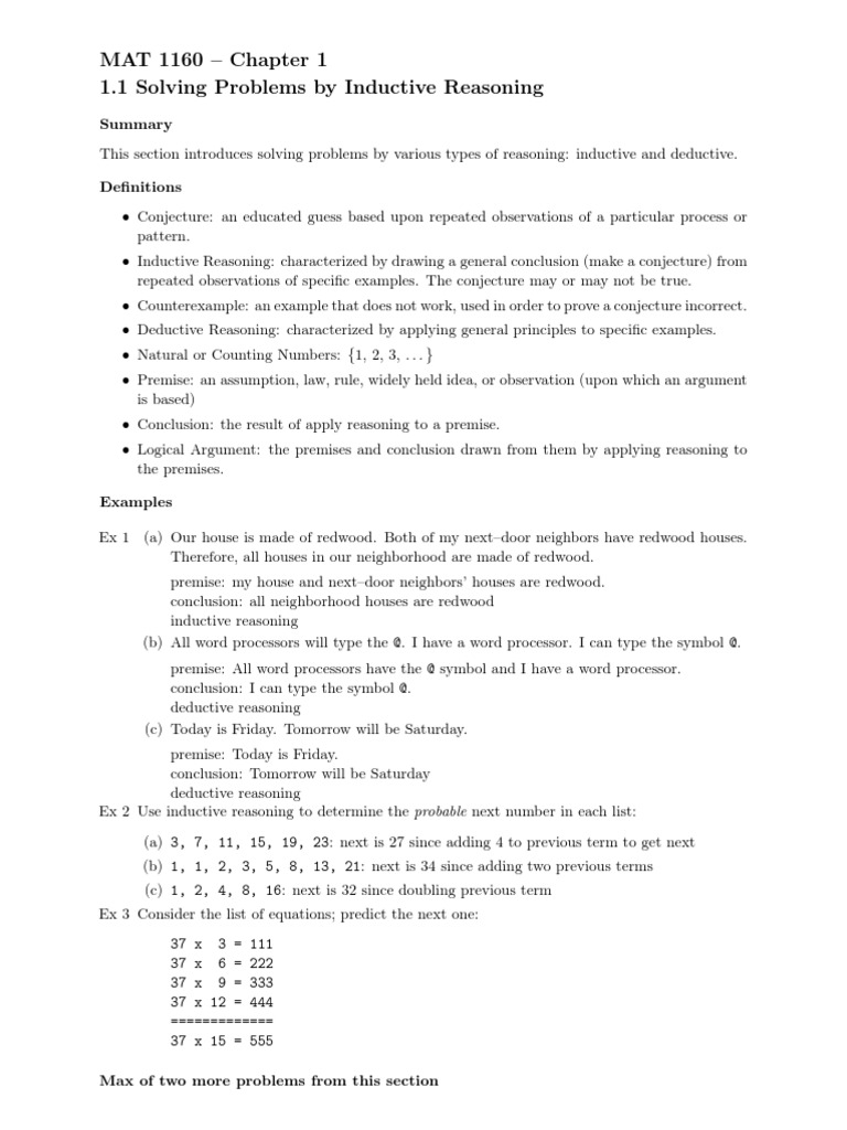 MAT 1160 - Chapter 1 1.1 Solving Problems by Inductive Reasoning | PDF | Deductive Reasoning ...