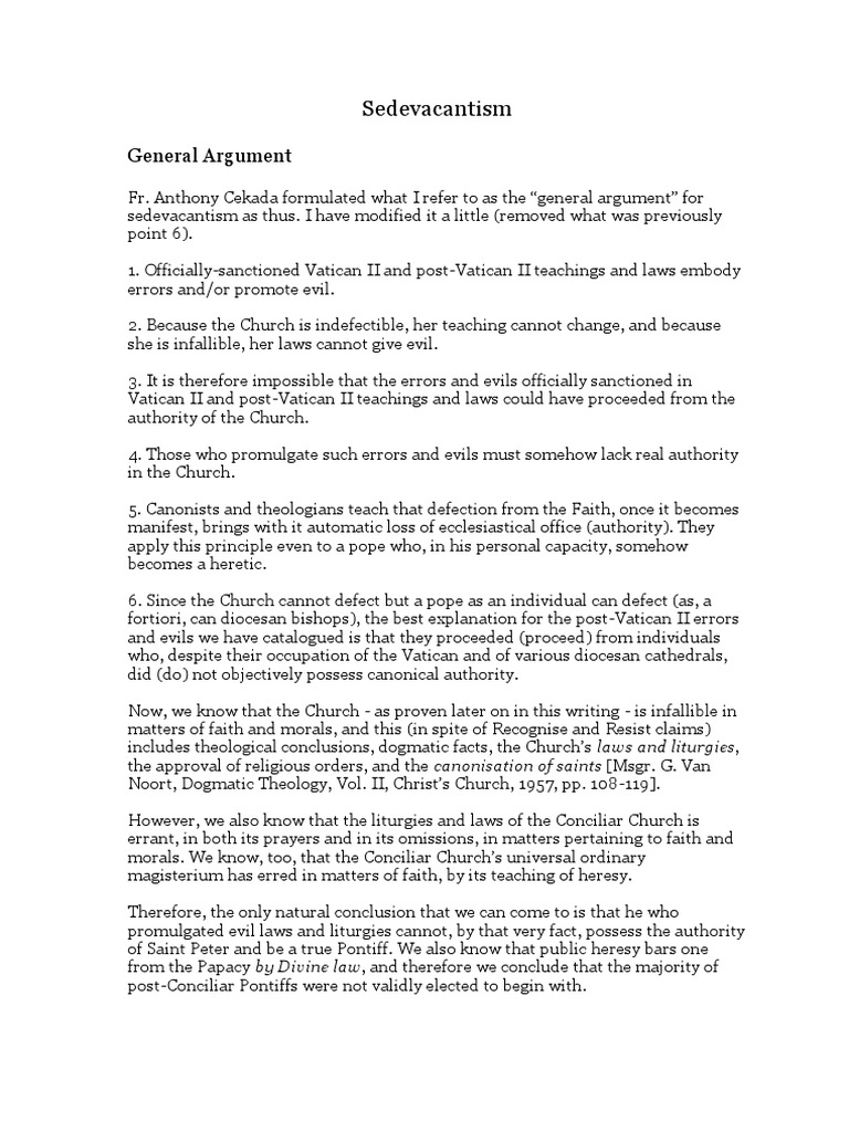 Sedevacantism - My Arguments and Reasons. | PDF | Pope | Catholic Church