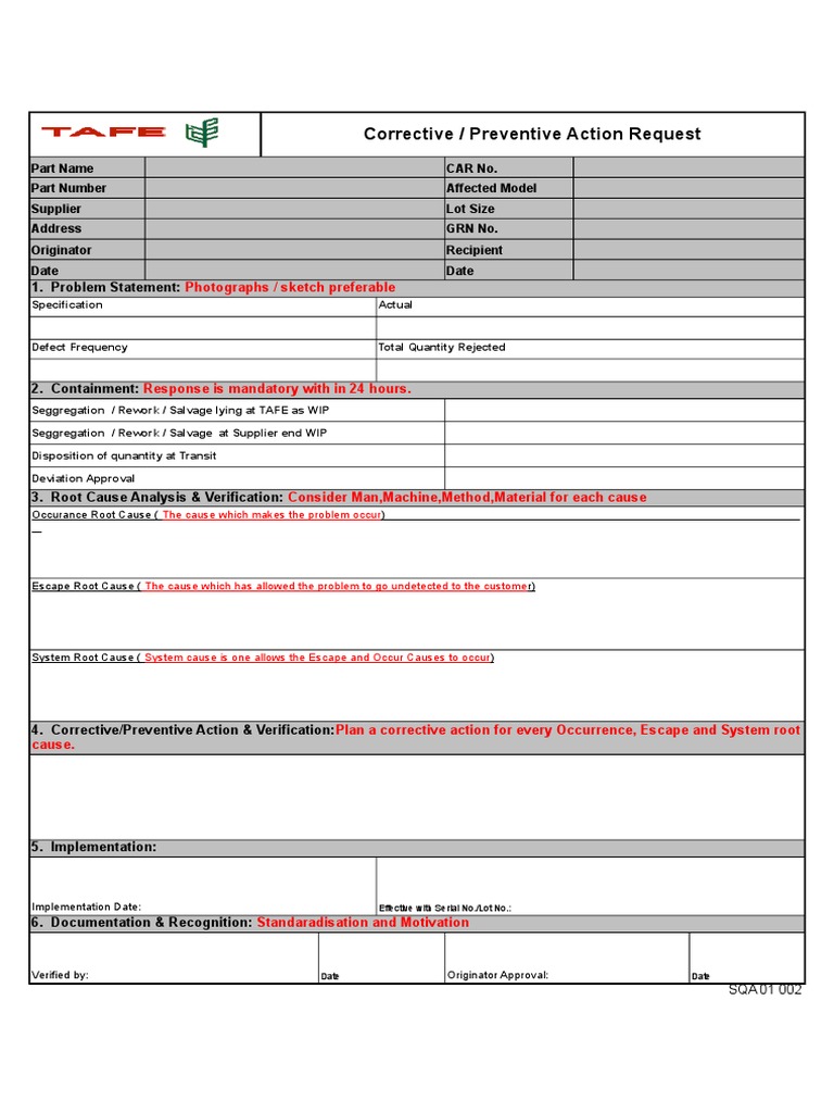Corrective / Preventive Action Request: 1. Problem Statement | PDF