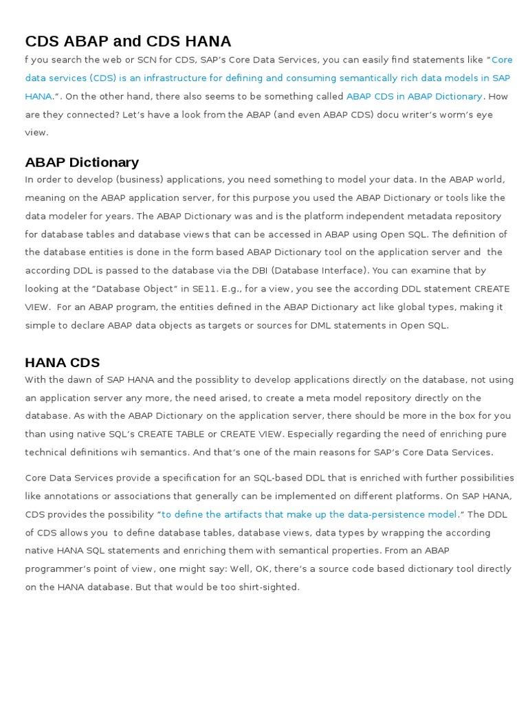CDS ABAP and CDS HANA - Odt | PDF | Databases | Sql CDS ABAP and CDS HANA - Odt | PDF | Databases | Sql