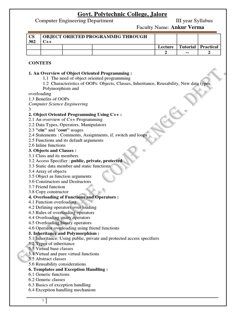 C++ Object Oriented Programming Syllabus | PDF | C++ | Computer Network
