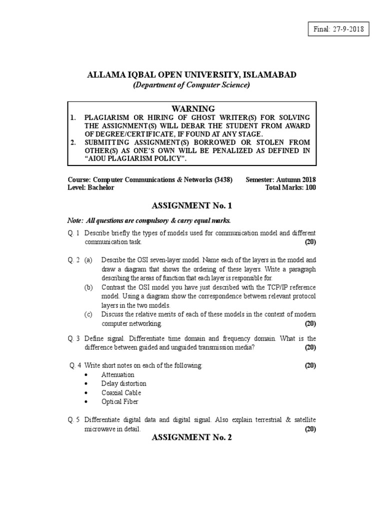AIOU Computer Communications & Networks Course Outline and Assignments | PDF | Computer Network ...