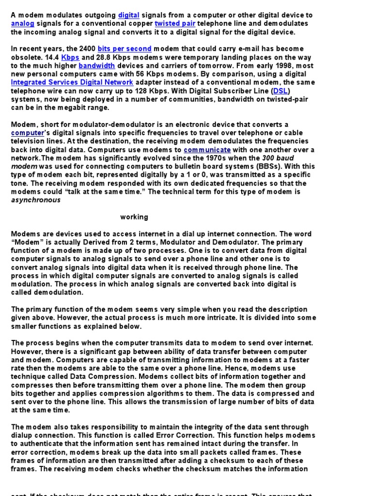 A Modem Modulates Outgoing Digital Signals From A Computer or Other ...
