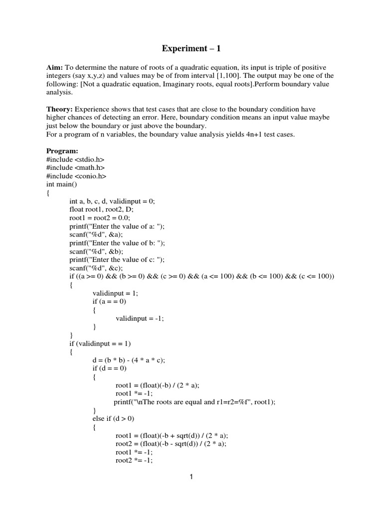 Experiment - 1: Aim: To Determine The Nature of Roots of A Quadratic ...