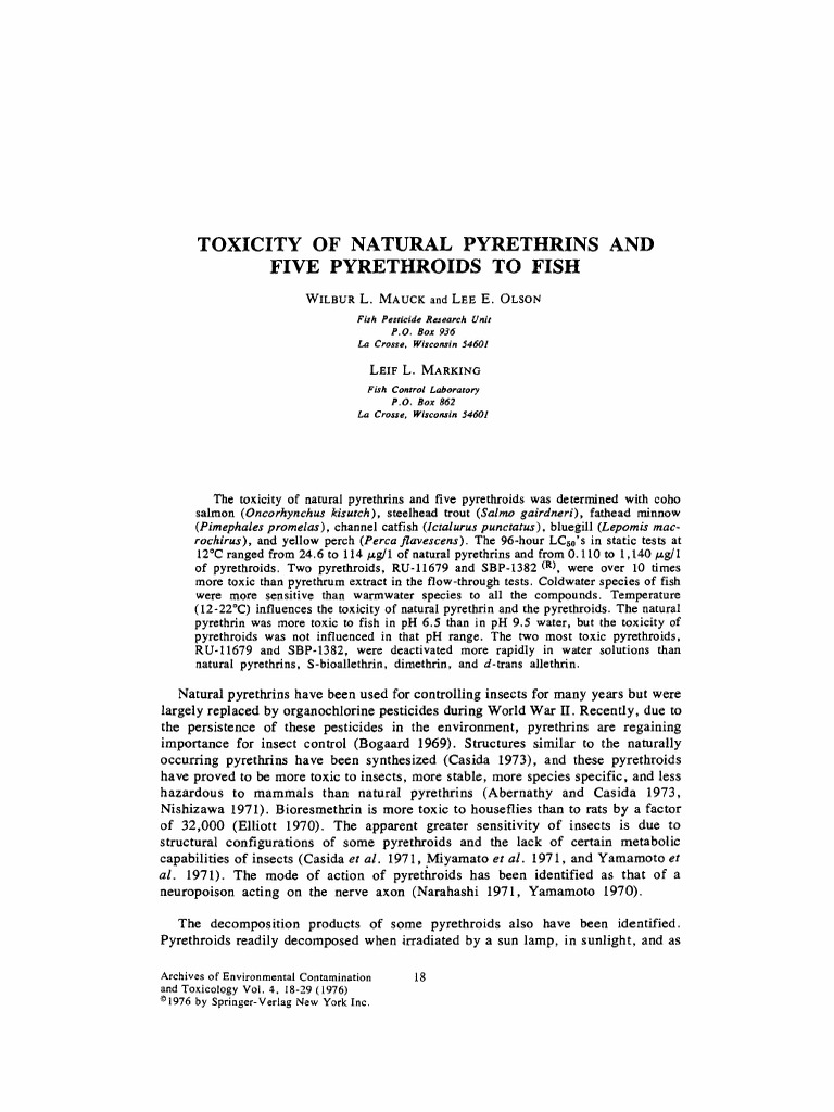 Toxicity of Natural Pyrethrins and Five Pyrethroids To Fish | PDF ...