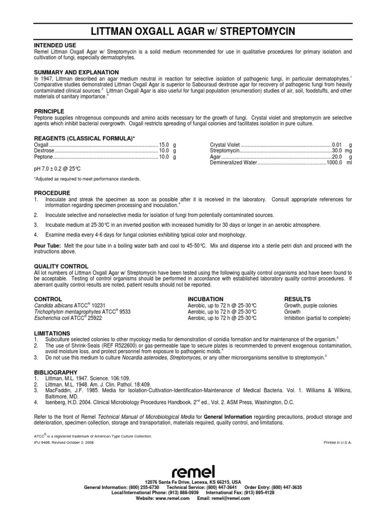 Littman Oxgall Agar W/ Streptomycin: Intended Use | PDF | Growth Medium ...