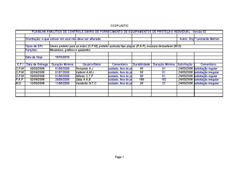 Planilha de Controle de EPI v - 02
