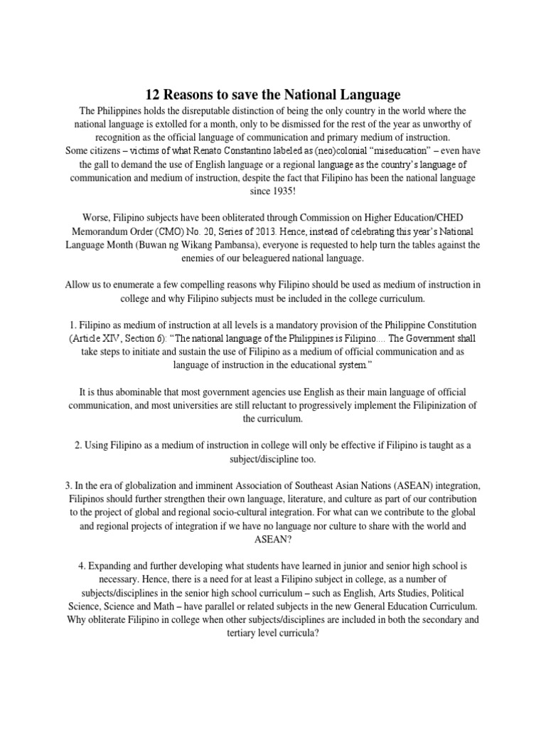 12 Reasons to Uphold Filipino Language | PDF | Philippines | Curriculum