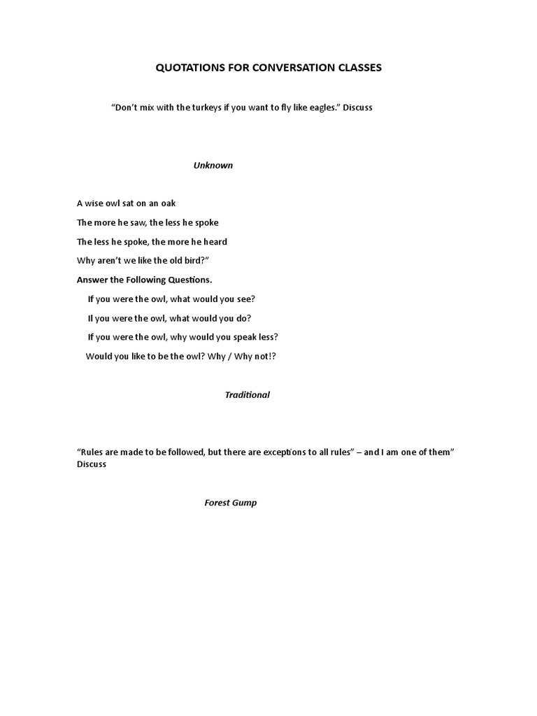 Quotations For Conversation Classes: Answer The Following Questions | PDF