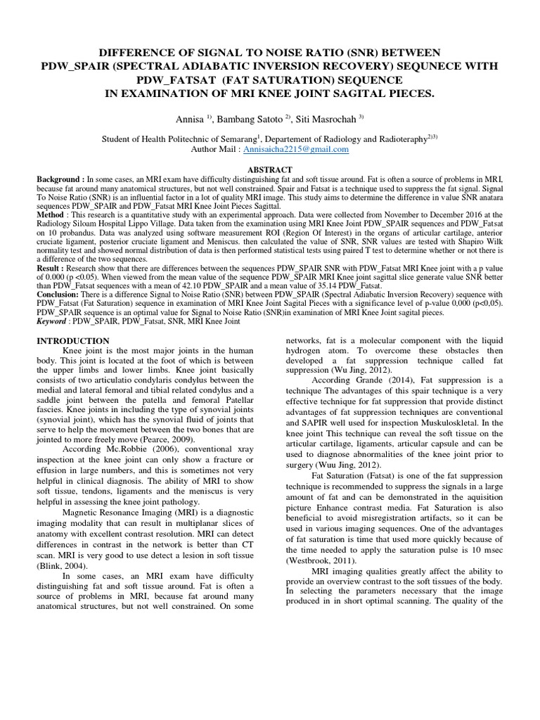 SNR Comparison of PDW_SPAIR vs Fatsat MRI | PDF | Magnetic Resonance ...