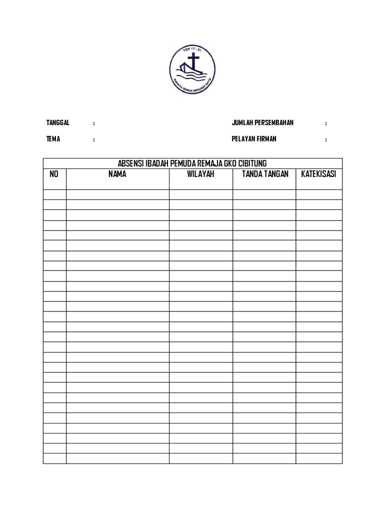 Absensi Ibadah Pemuda Remaja Gko Cibitung | PDF