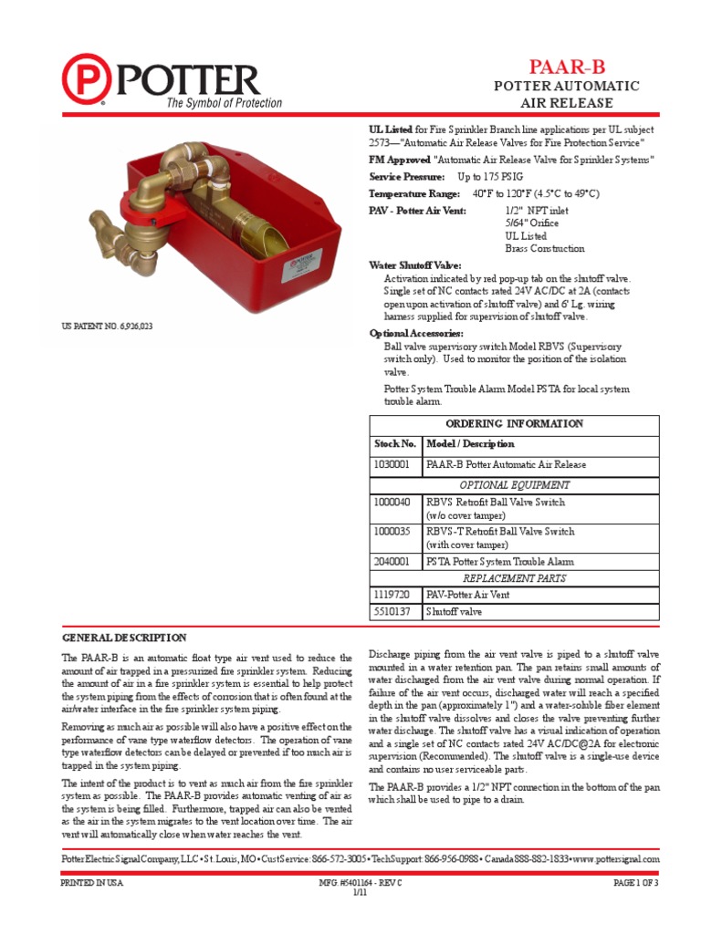 Paar-B: Potter Automatic Air Release | PDF | Fire Sprinkler System | Valve