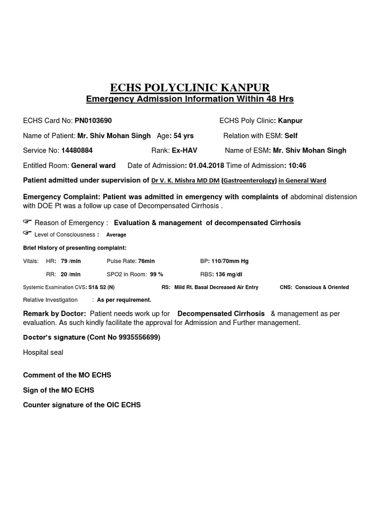 ECHS Emergency Admission Information Within 48 Hrs Format | Medical ...