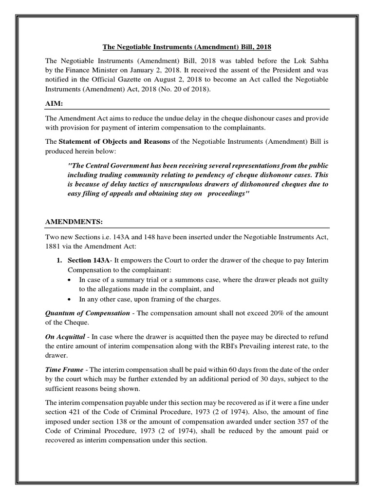 The Negotiable Instruments (Amendment) Bill, 2018 | PDF | Negotiable ...