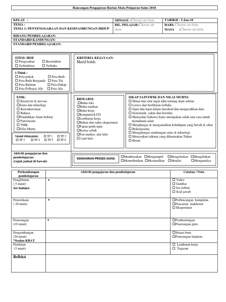 Contoh RPH Sains (Kosong) | PDF