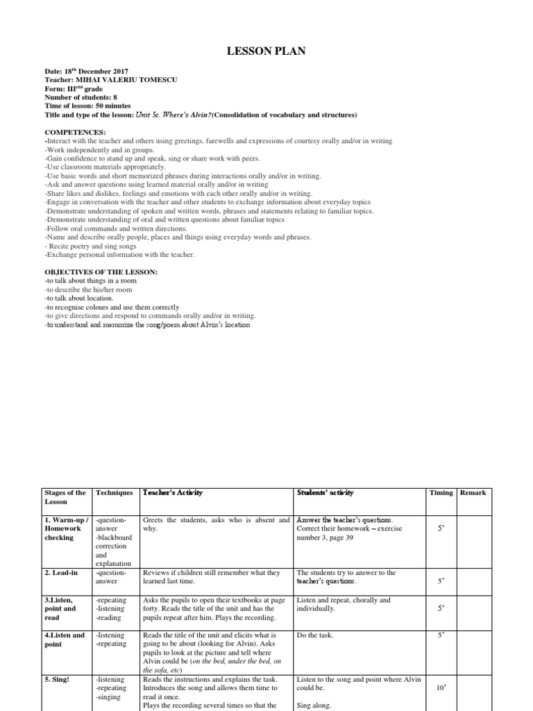 Vocabulary & Structure Lesson Plan | PDF | Lesson Plan | Teachers