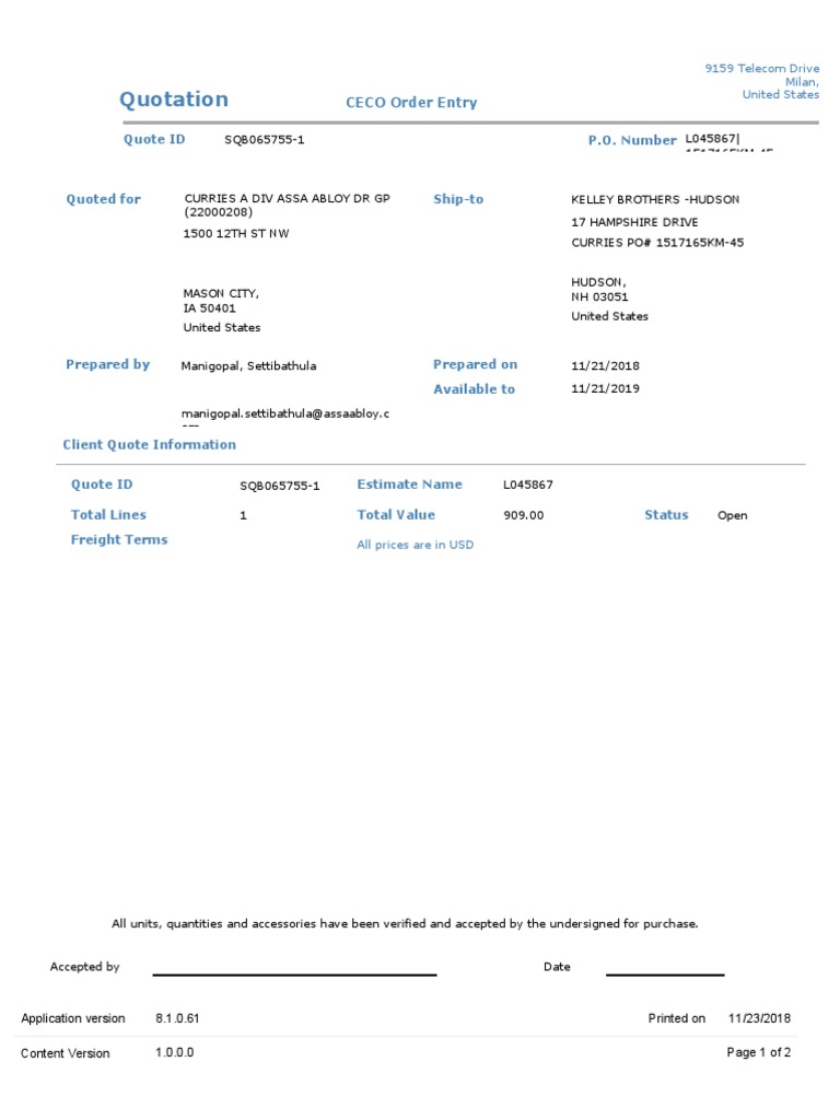 Quotation: Quote ID P.O. Number | PDF | Business