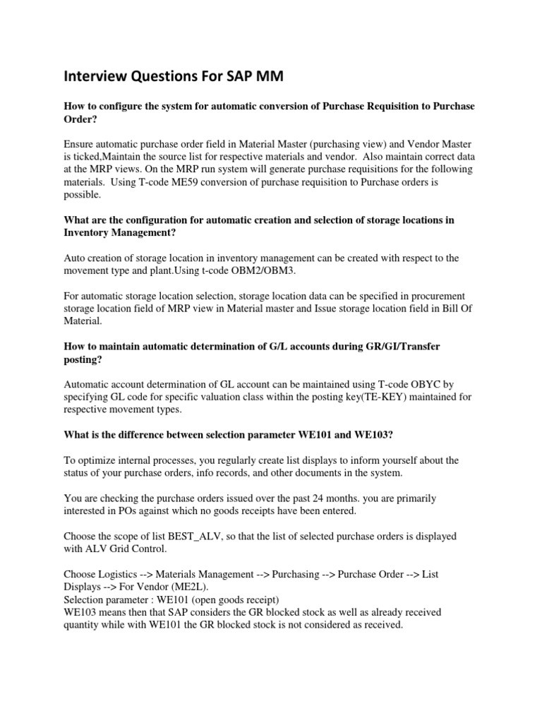 Interview Questions For SAP MM | PDF | Invoice | Valuation (Finance)