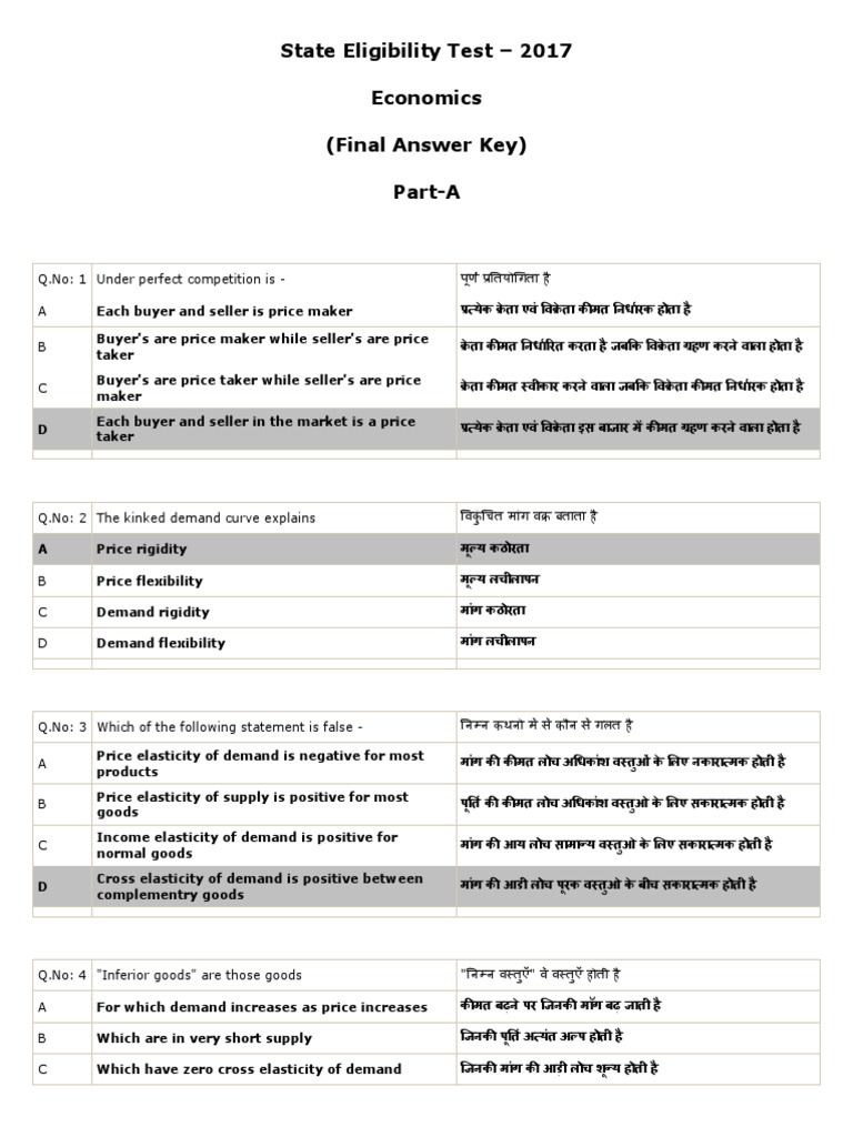 2017 State Eligibility Test Answer Key | PDF | Demand | Taxes