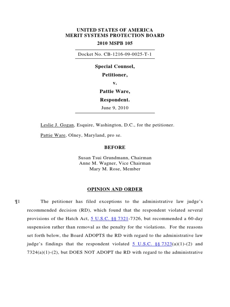 United States of America Merit Systems Protection Board 2010 MSPB 105 ...