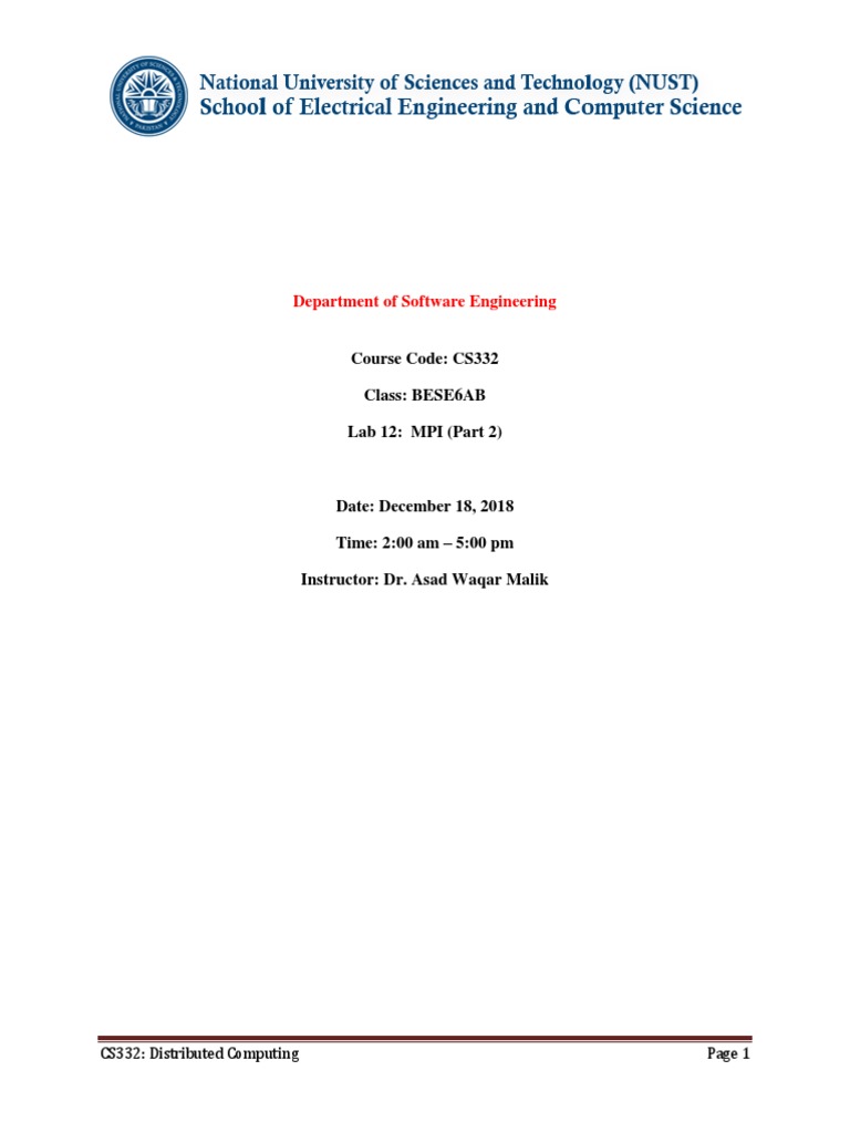 Department Of Software Engineering Course Code Cs332 Class Bese6ab Lab 12 Mpi Part 2 Pdf