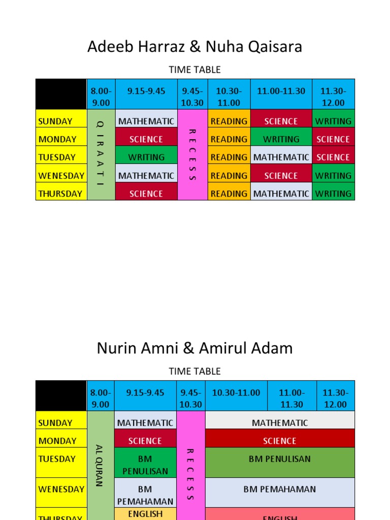 Adeeb Harraz & Nuha Qaisara: Time Table | PDF