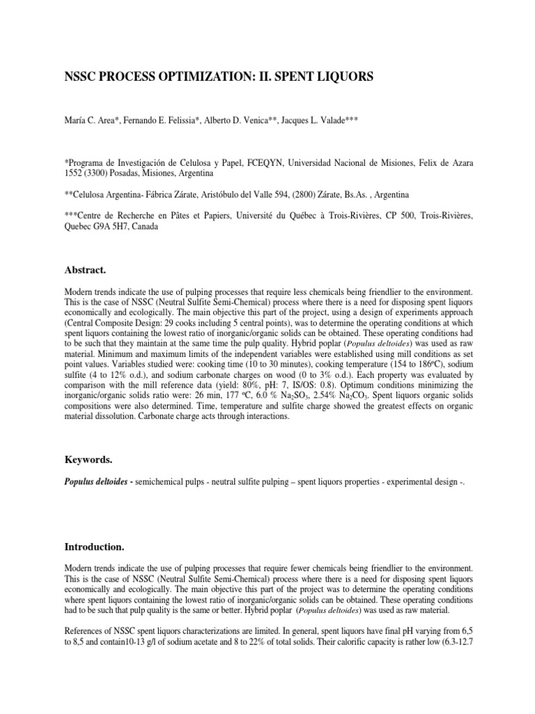 NSSC Process Optimization: Ii. Spent Liquors: Abstract | PDF | Pulp ...