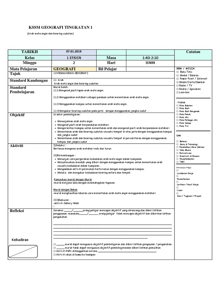 Rancangan Pengajaran Harian Seni Dan Geografi Tingkatan 1 Dan 2 2019 | PDF