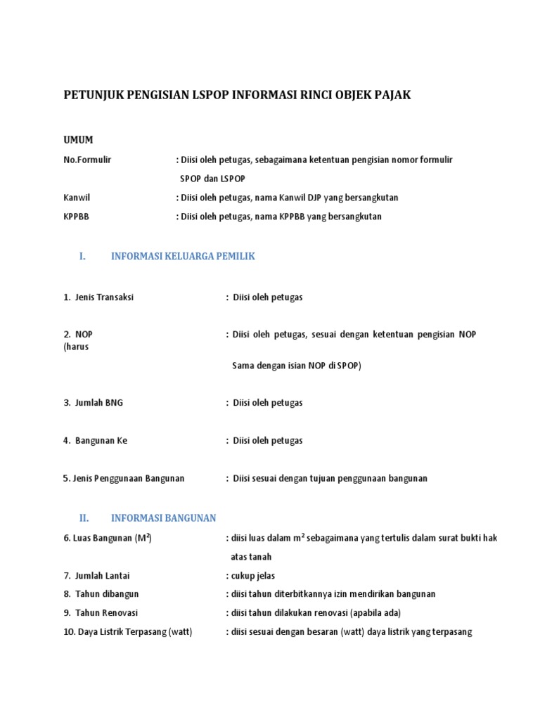 Petunjuk Pengisian Lspop Informasi Rinci Objek Pajak | PDF