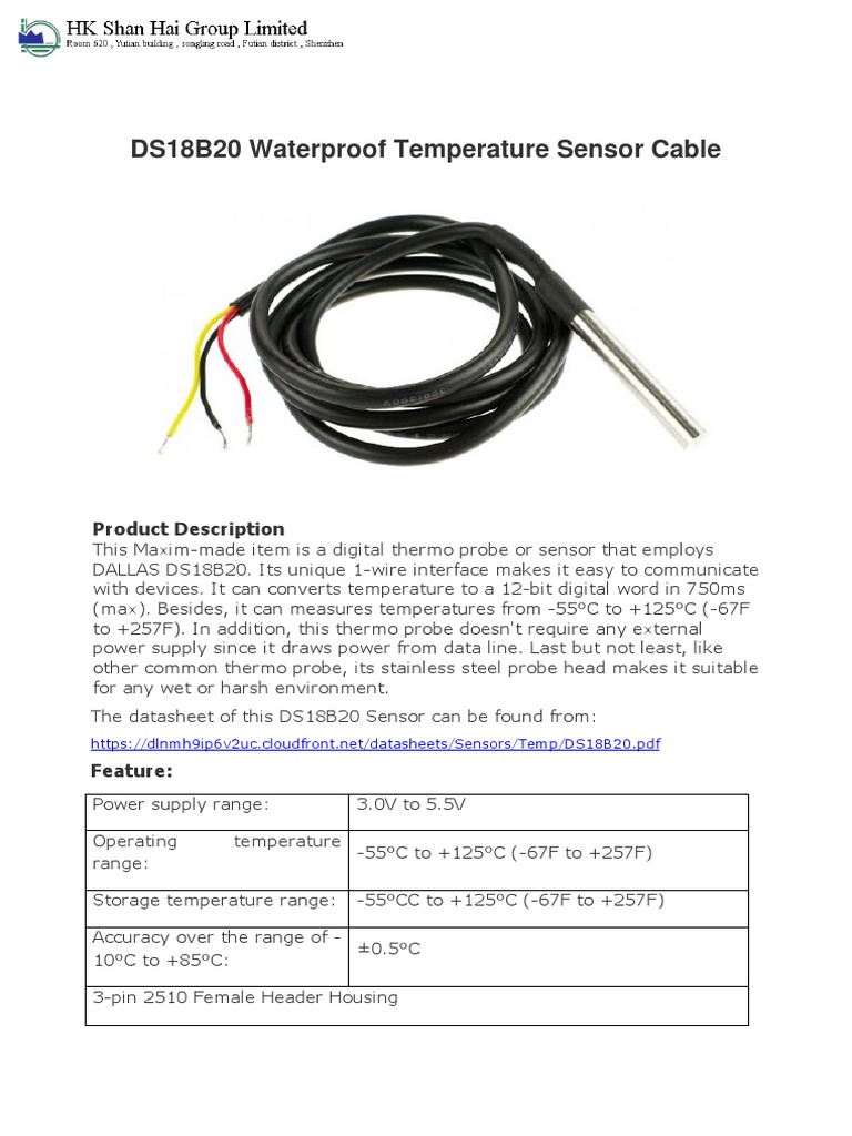 DS18B20 Waterproof Temperature Sensor Cable: Product Description | PDF ...