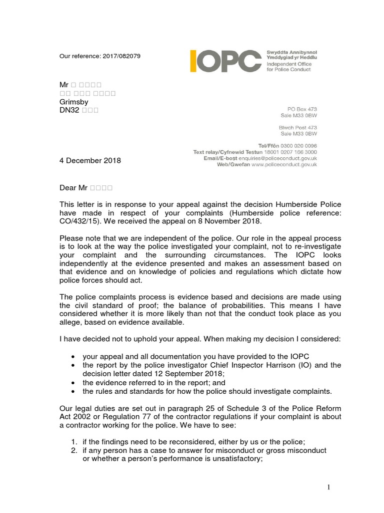 IOPC Decision Letter 14 Dec 18 | Download Free PDF | Arrest | Public Sphere
