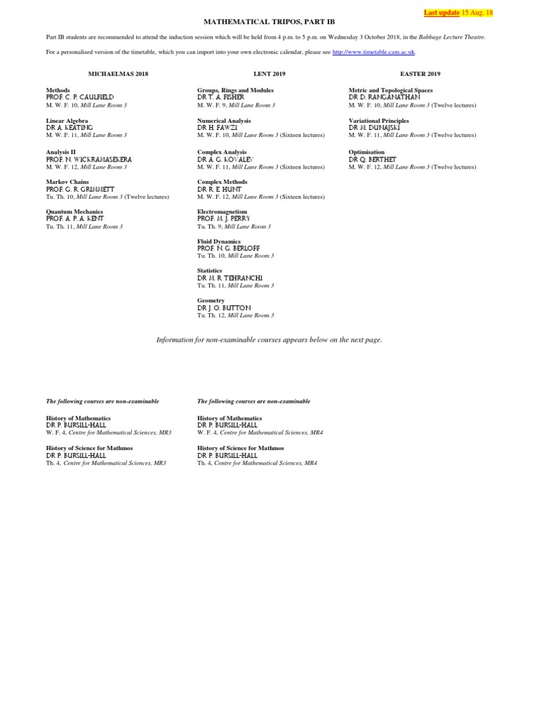 Mathematical Tripos, Part Ib: Information For Non-Examinable Courses ...