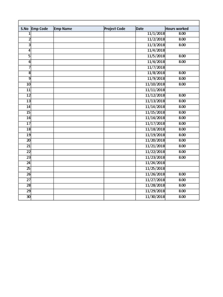 S.No Emp Code Emp Name Project Code Date Hours Worked | PDF