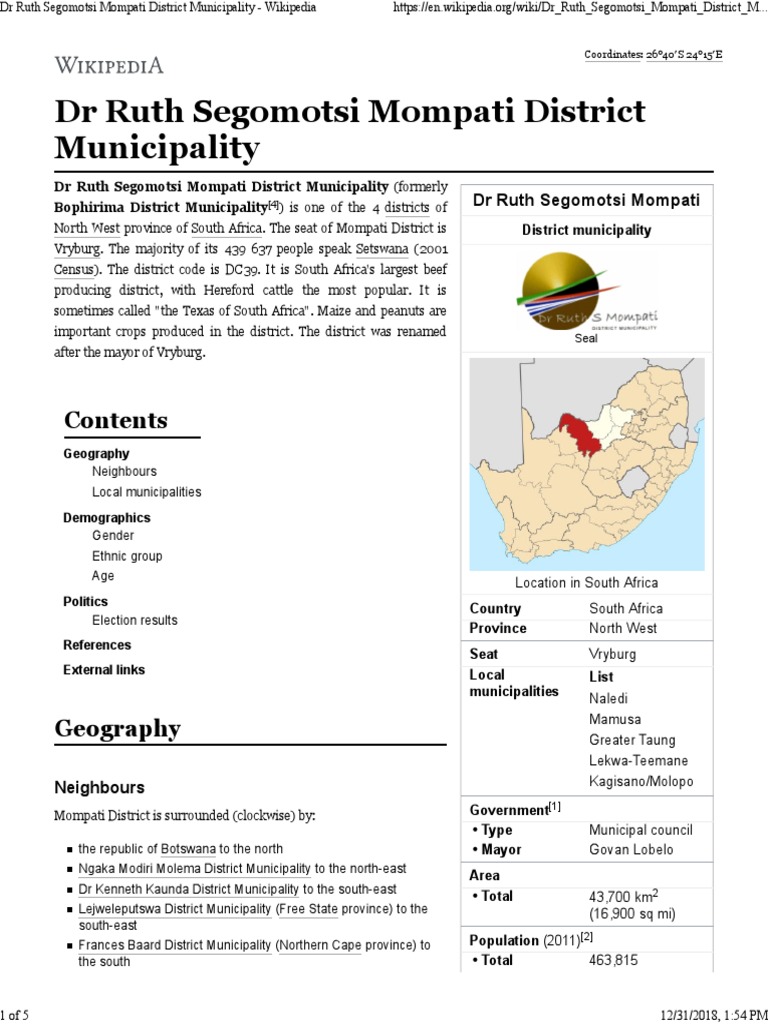 DR Ruth Segomotsi Mompati District Municipality | PDF | South Africa