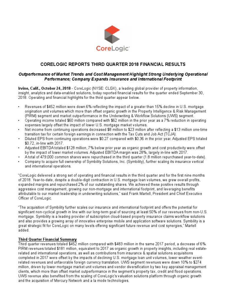 CoreLogic Q3 2018 Financial Results | PDF | Earnings Before Interest ...