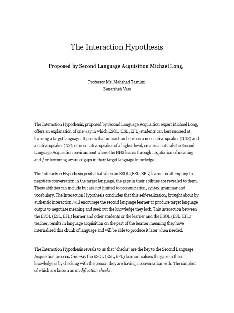 The Interaction Hypothesis | PDF | English As A Second Or Foreign ...