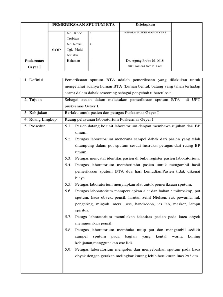 Sop Pemeriksaan Sputum Bta S | PDF