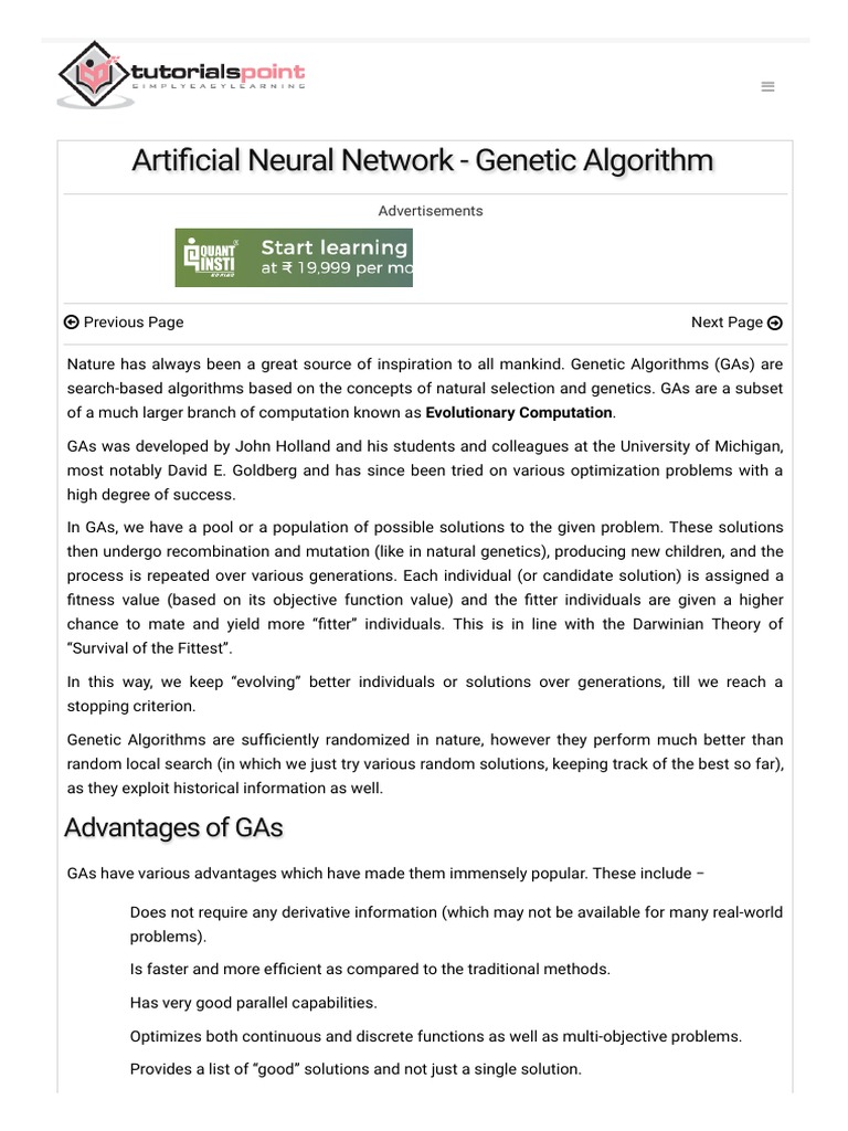 Artificial Neural Network Genetic Algorithm Advantages Of Gas Pdf Genetic Algorithm